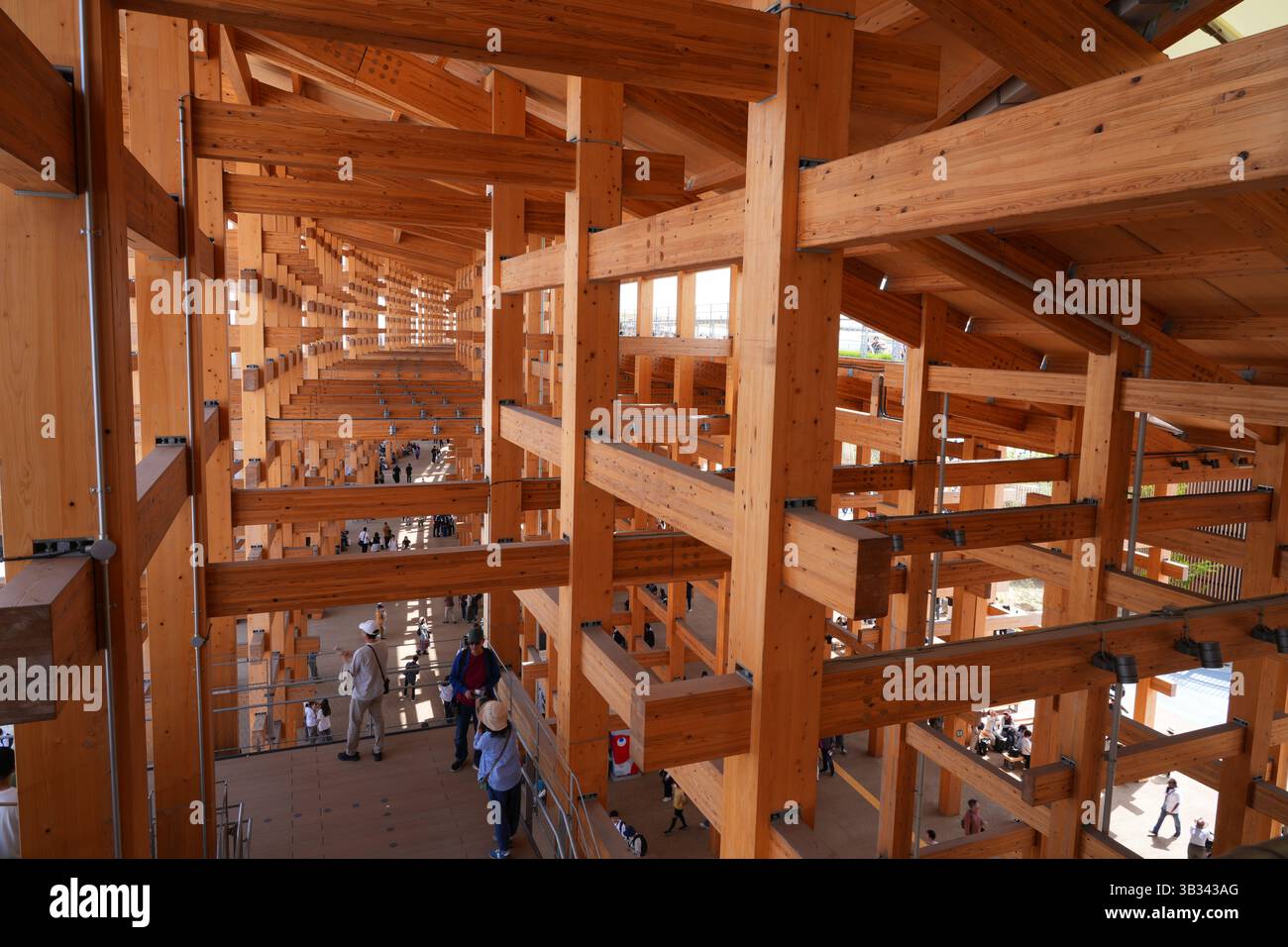 OSAKA, JAPAN -19 APR 2025 - View of the Grand Ring, a wooden timber ...