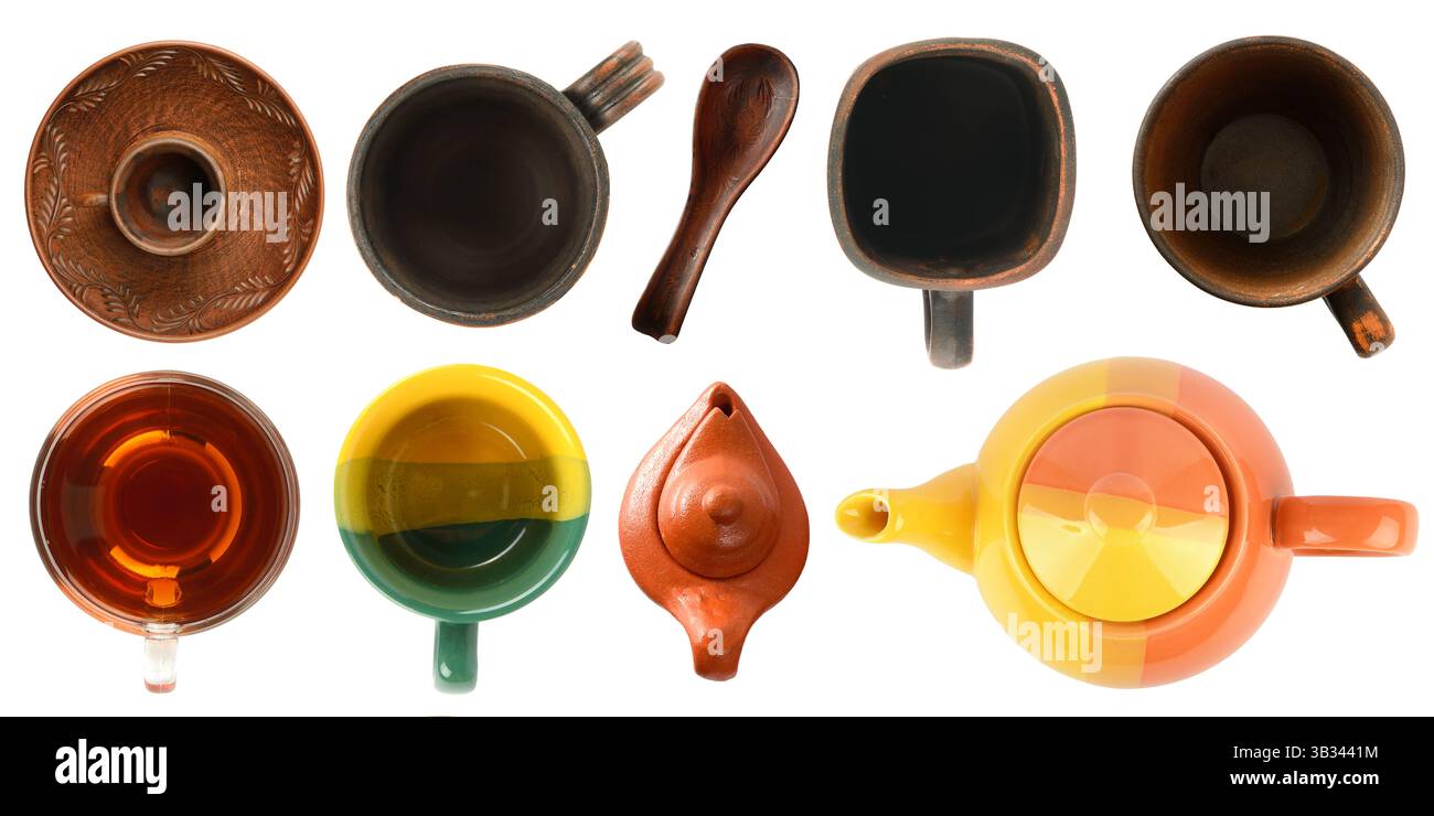 Variety of clay and ceramic utensils for making tea isolated on white ...