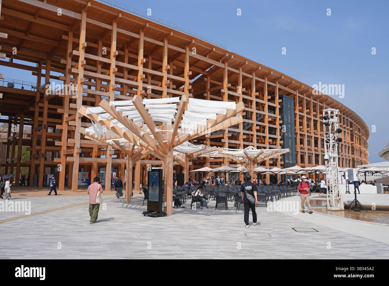 OSAKA, JAPAN -19 APR 2025 - View of the Grand Ring, a wooden timber ...