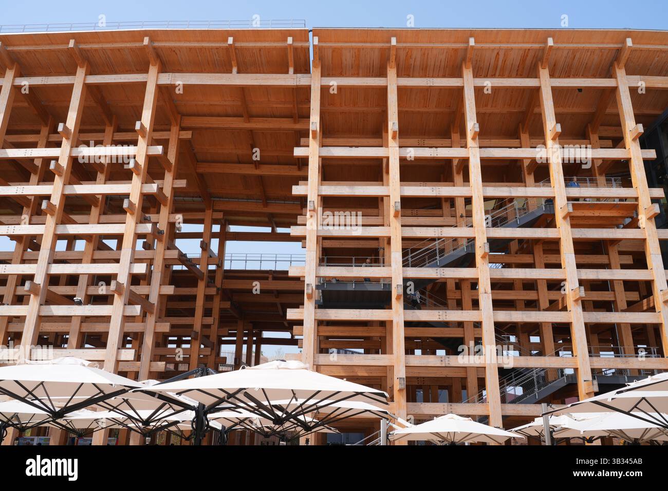 OSAKA, JAPAN -19 APR 2025 - View of the Grand Ring, a wooden timber ...