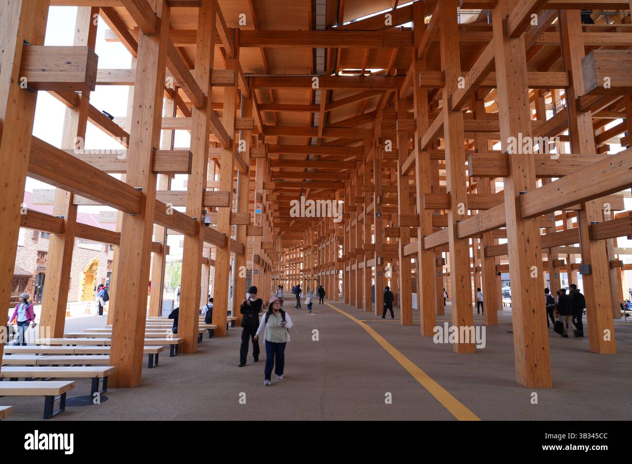 OSAKA, JAPAN -19 APR 2025 - View of the Grand Ring, a wooden timber ...