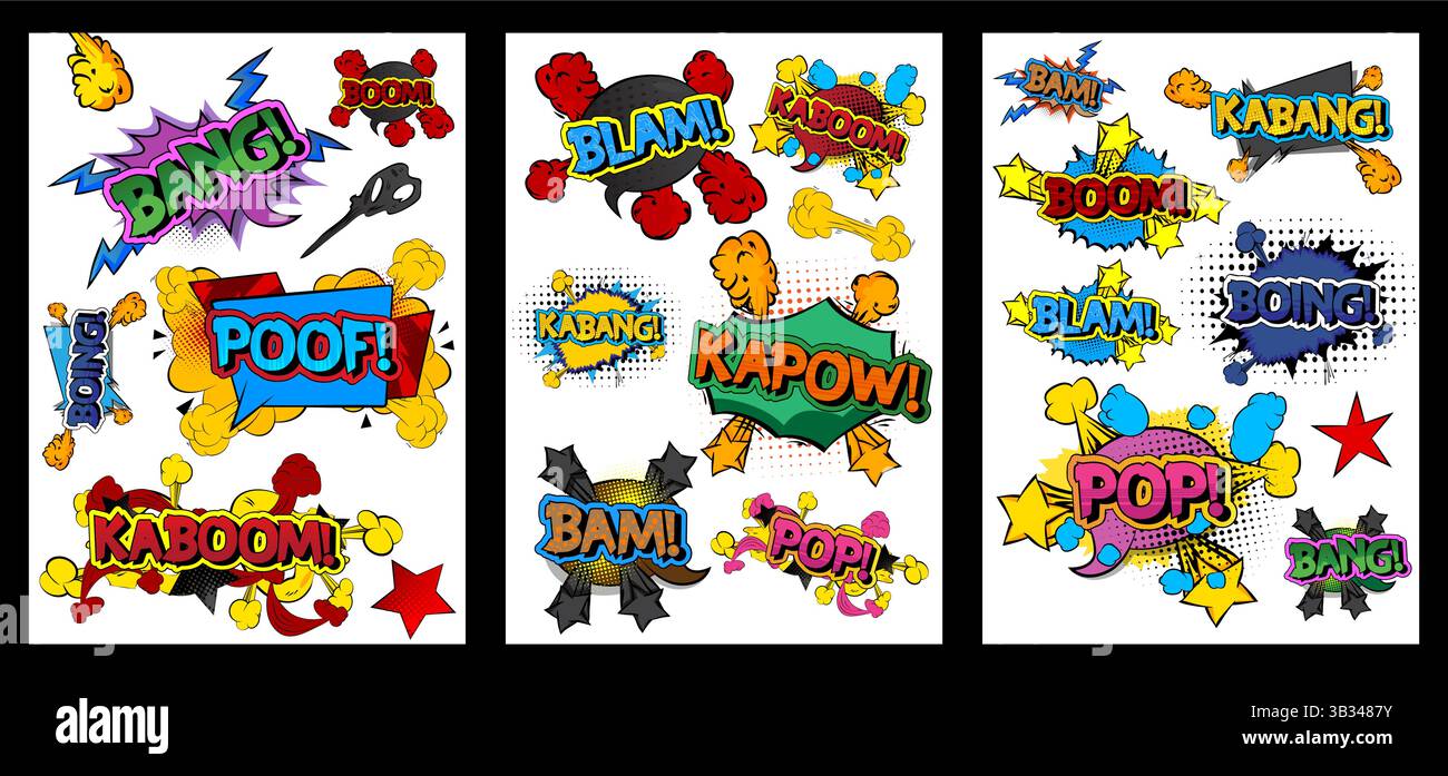 Cartoon expression poster set, comic book explosion words collections ...