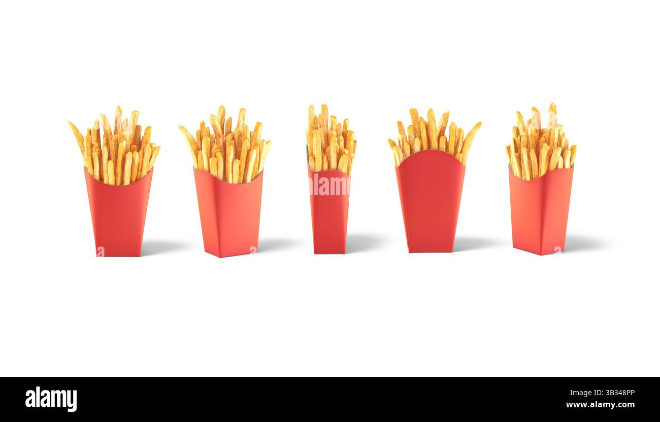 Blank red paper pack french fries mockup, different angles views, 3d ...