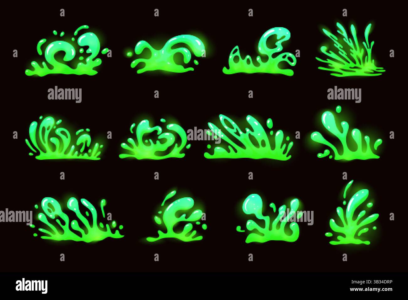 Poison splashes. Toxic liquid green paint splash, slime glue goo drip ...