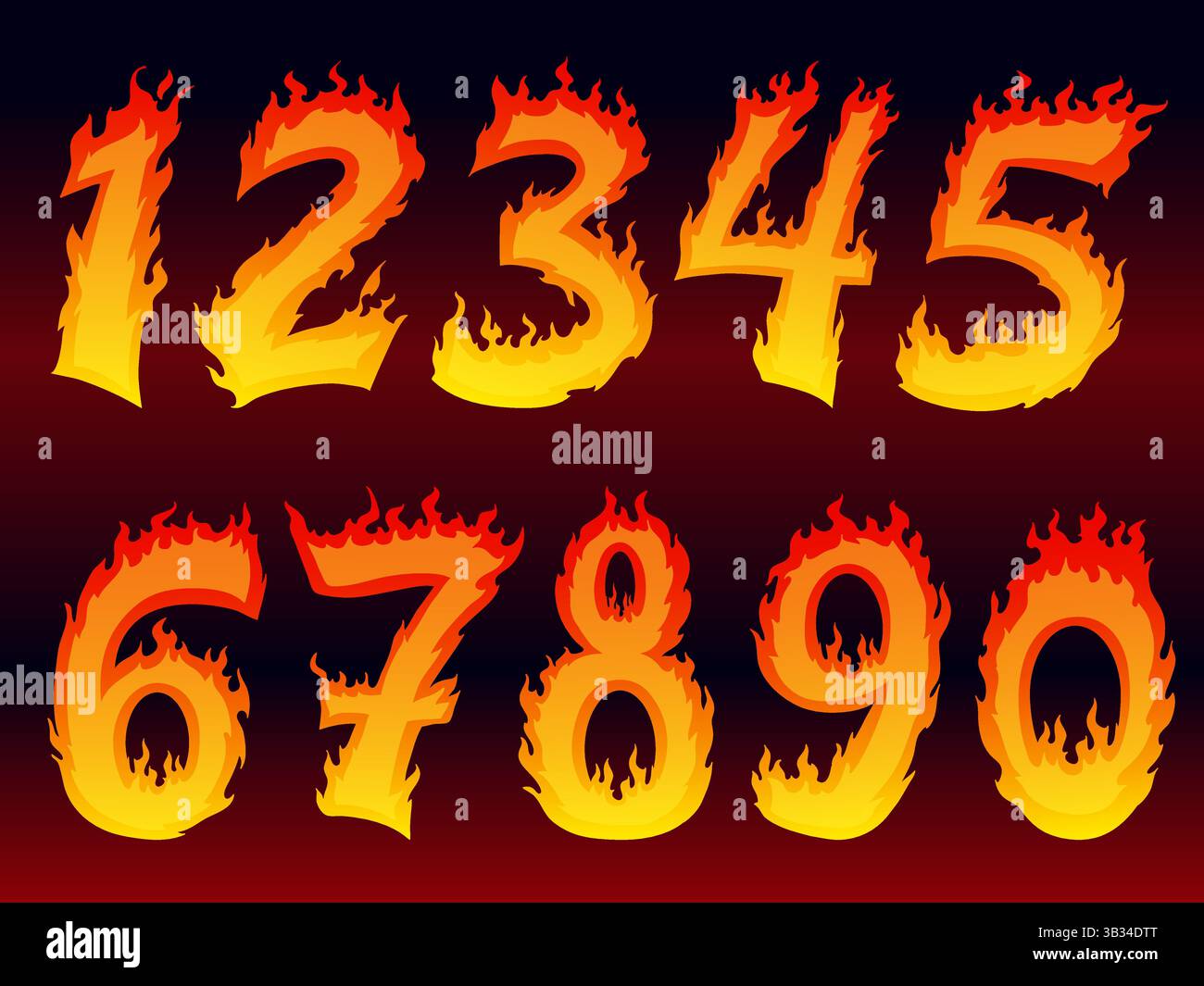 Cartoon fire numbers. Burning number flame sticker, numeral flaming ...