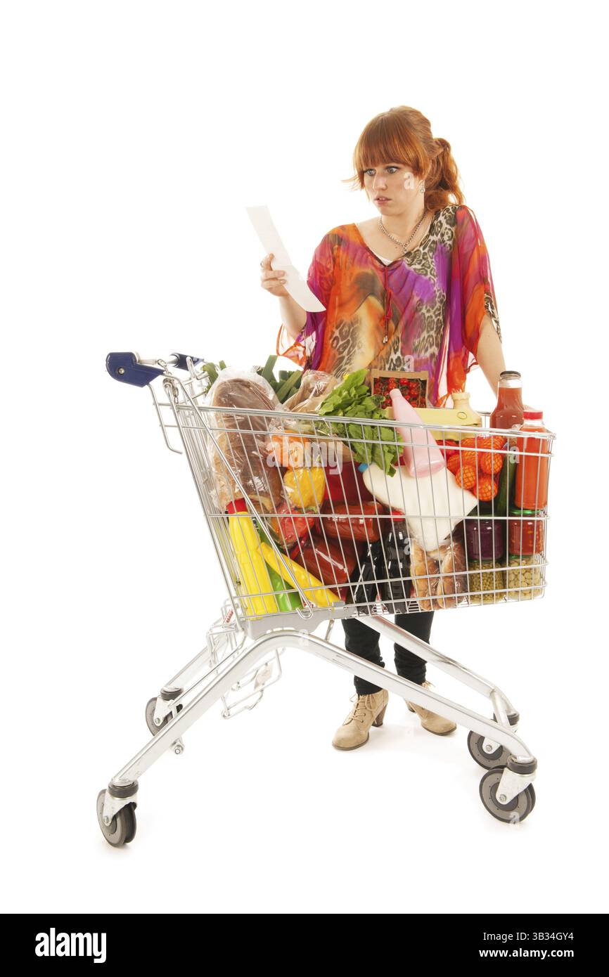 Woman with shopping cart full with dairy grocery products isolated over ...