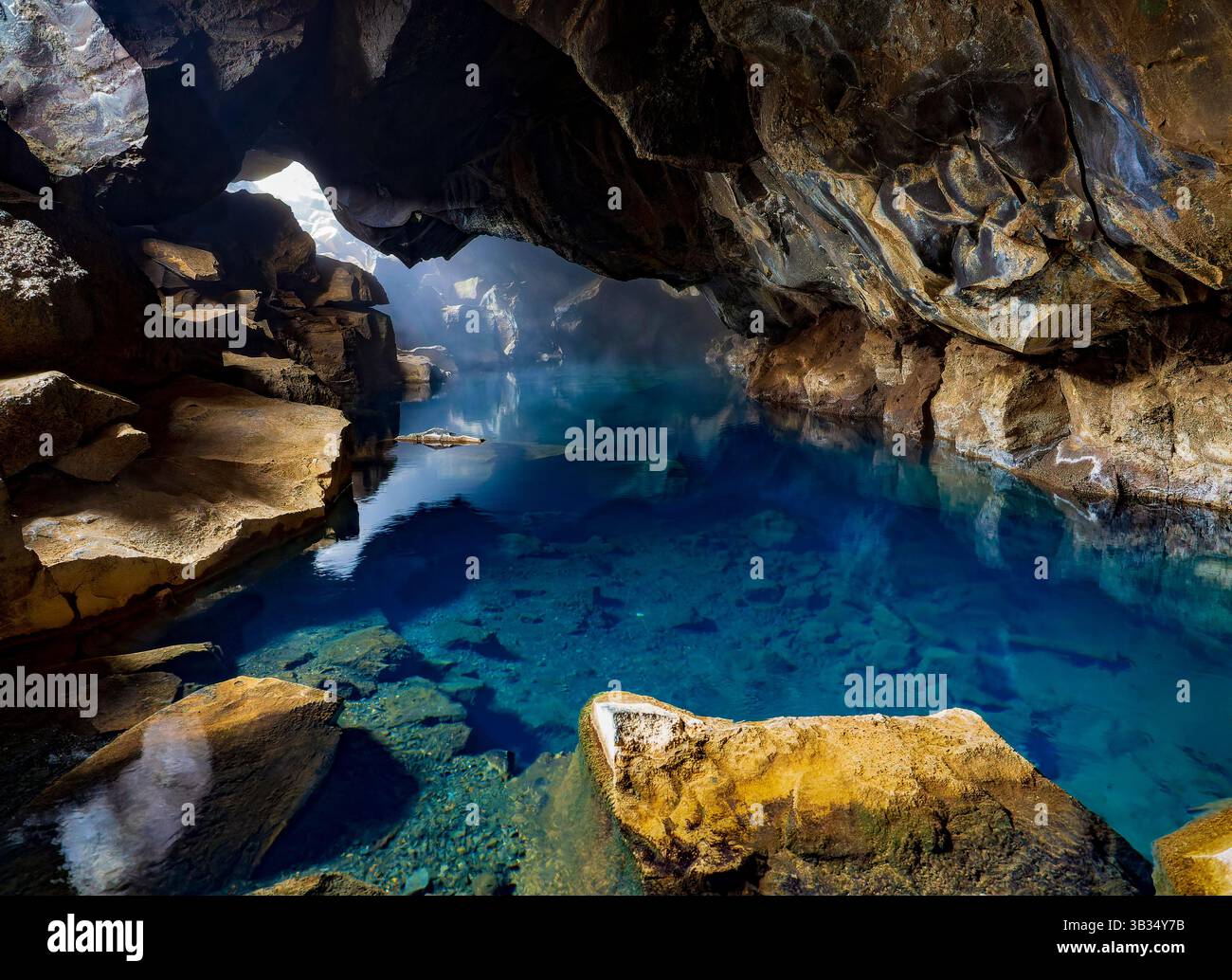 Thermal Cave of Grjótagjá with Geothermal Hot Spring in Iceland Stock ...