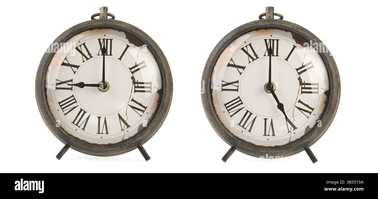 Vintage clocks with nine to five isolated over white background Stock ...