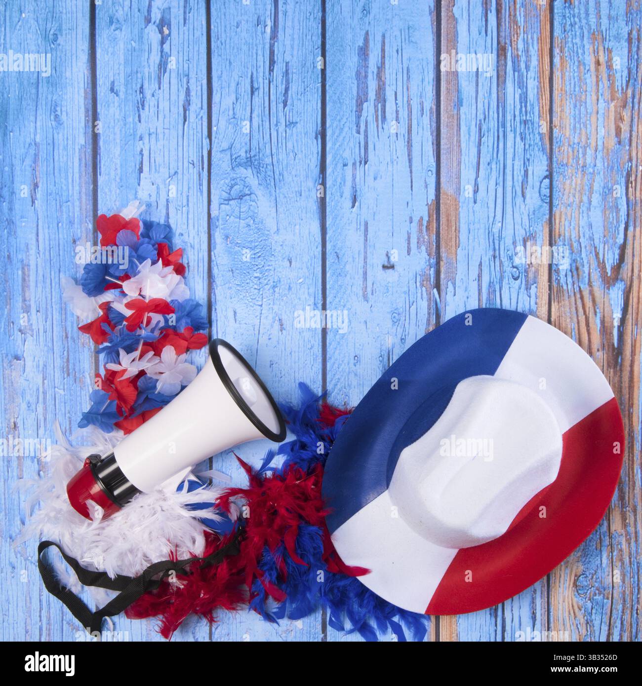 French supporter attributes in flag colors with copy space for poster ...