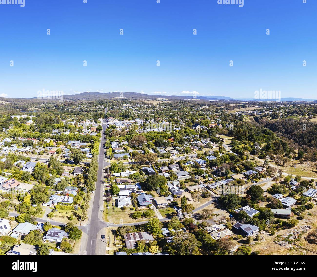BEECHWORTH, AUSTRALIA - JANUARY 1 2025: Aerial view over historic ...