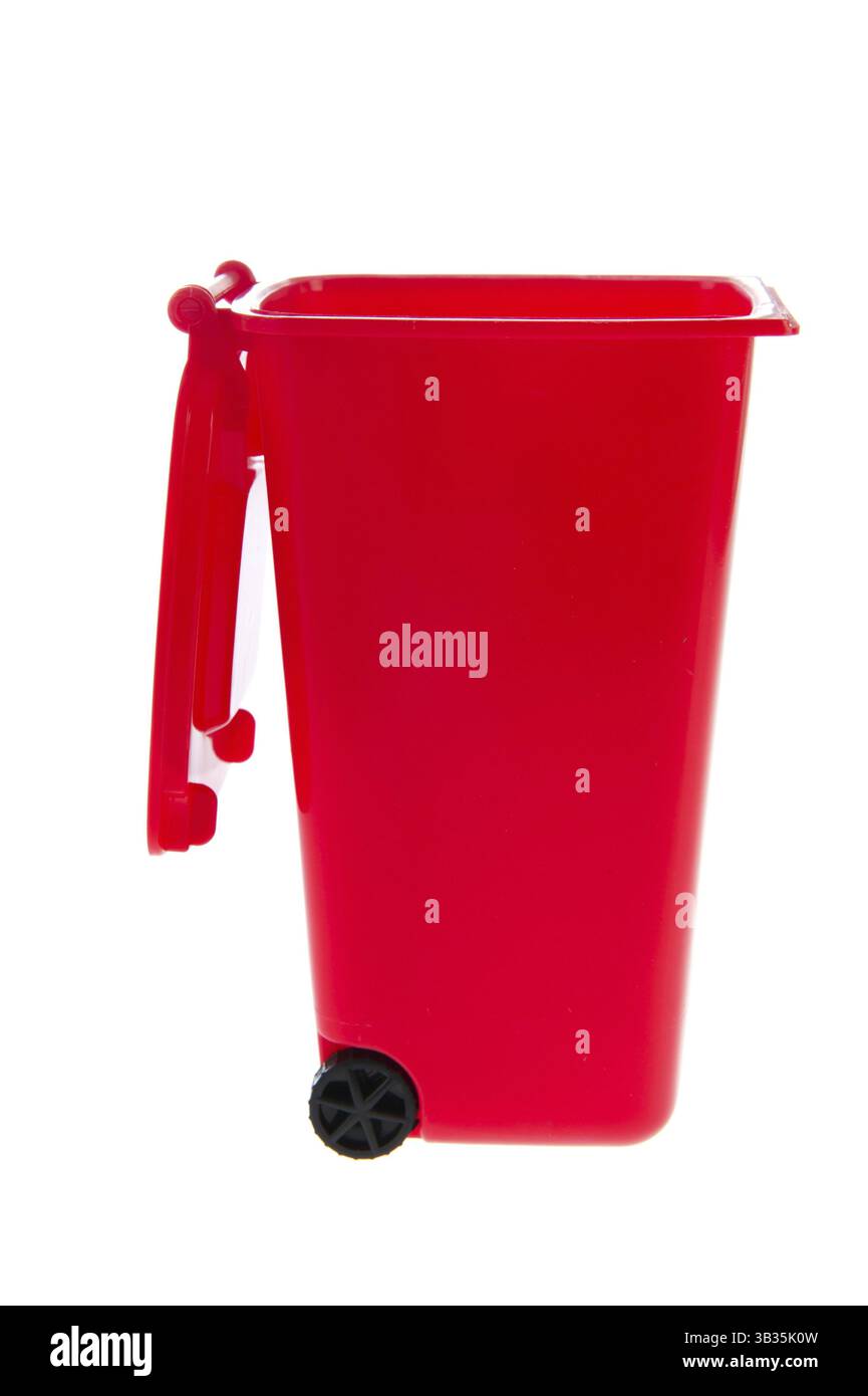 Single red plastic roll container for garbage on white background Stock ...