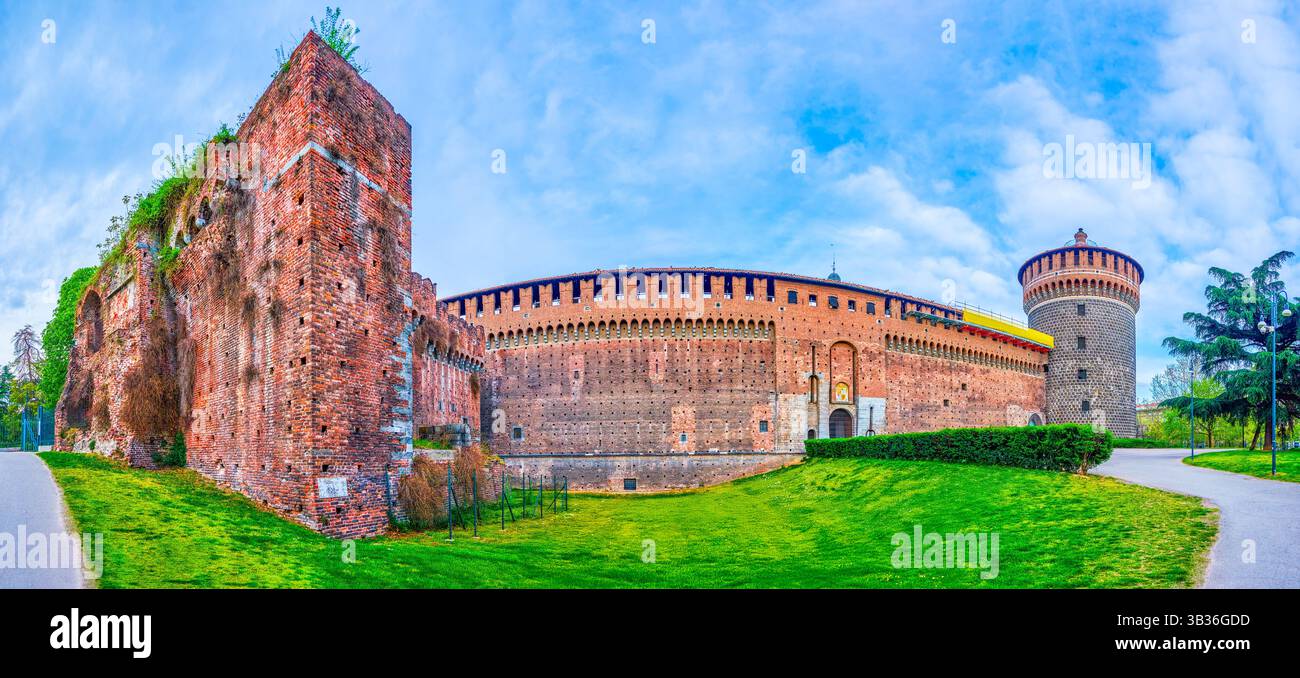 Panorama of Sforza Castle with medieval walls and Tower of Holy Spirit ...