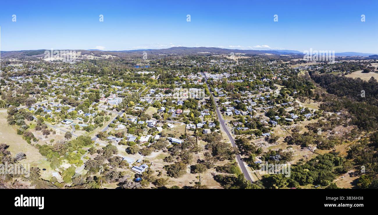 BEECHWORTH, AUSTRALIA - JANUARY 1 2025: Aerial view over historic ...