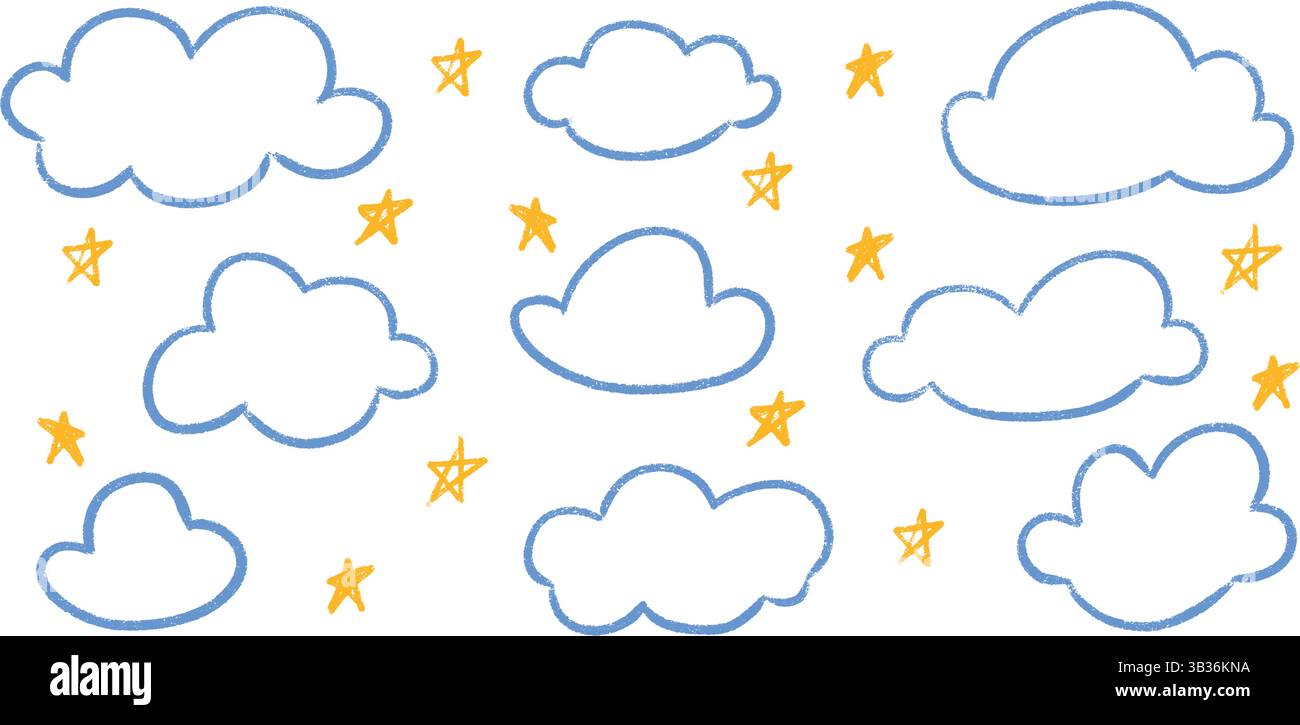 Crayon chalk kid cloud doodle bundle - adorable wonky stars uneven hand ...