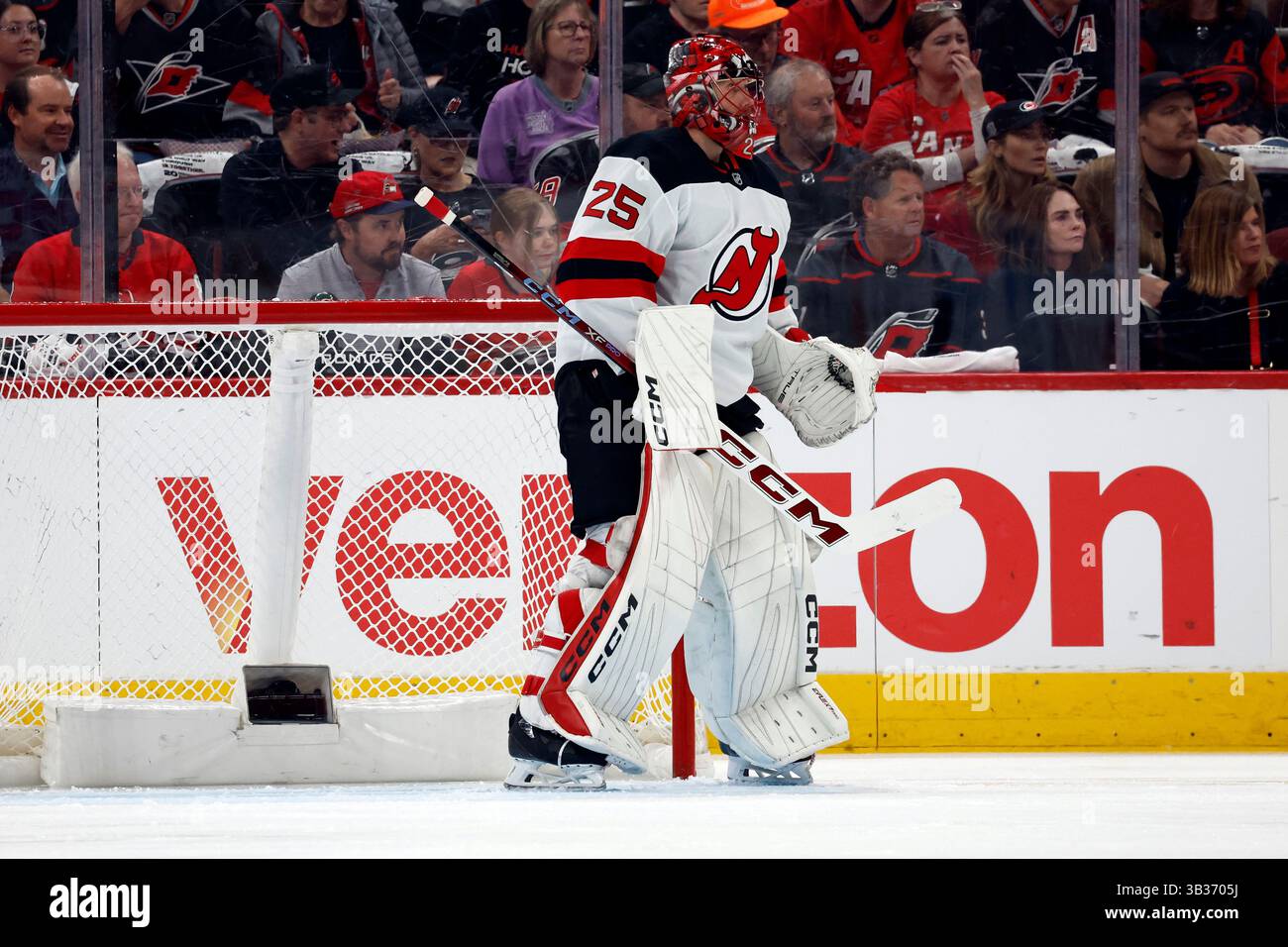 New Jersey Devils goaltender Jacob Markstrom (25) watches the puck ...