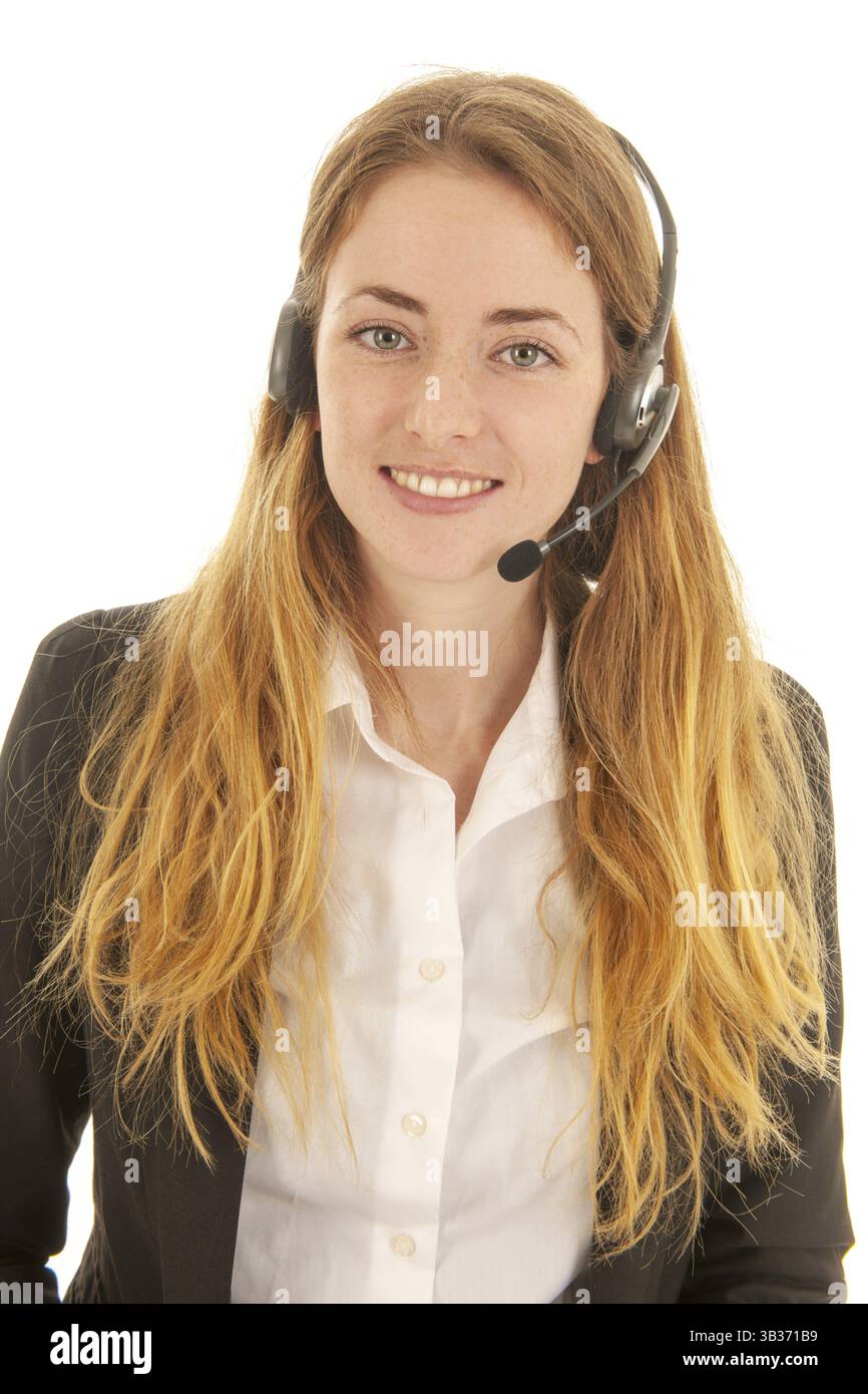 Blond woman with headset for customer support on the phone isolated ...