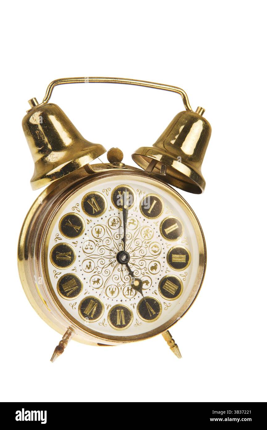 Copper alarm clock with big bells isolated ovr white background Stock ...