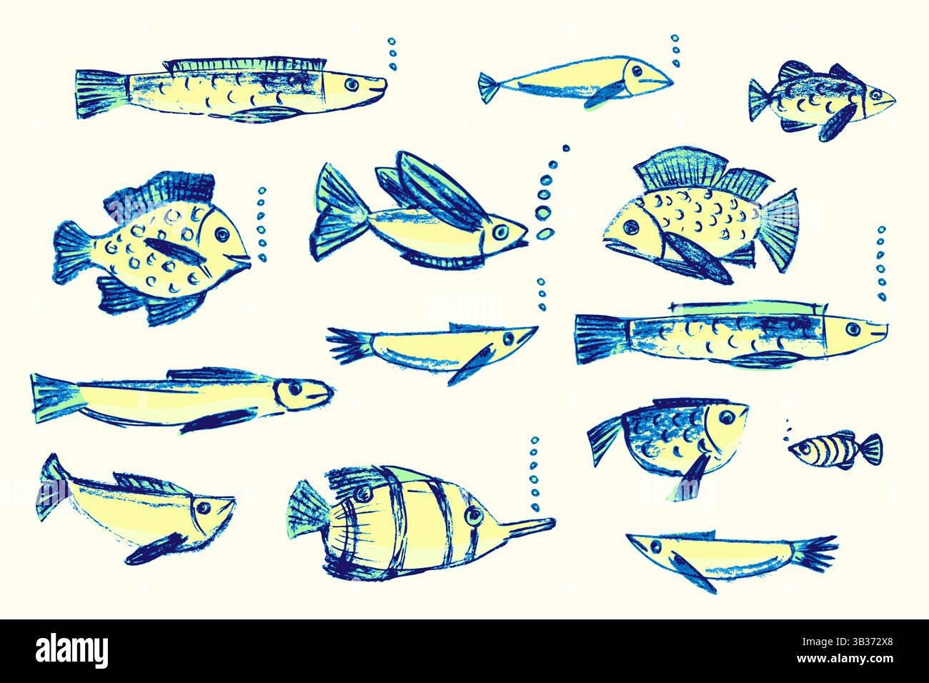 Crayon hand drawn set of various fishes. Doodle shapes in yellow. green ...