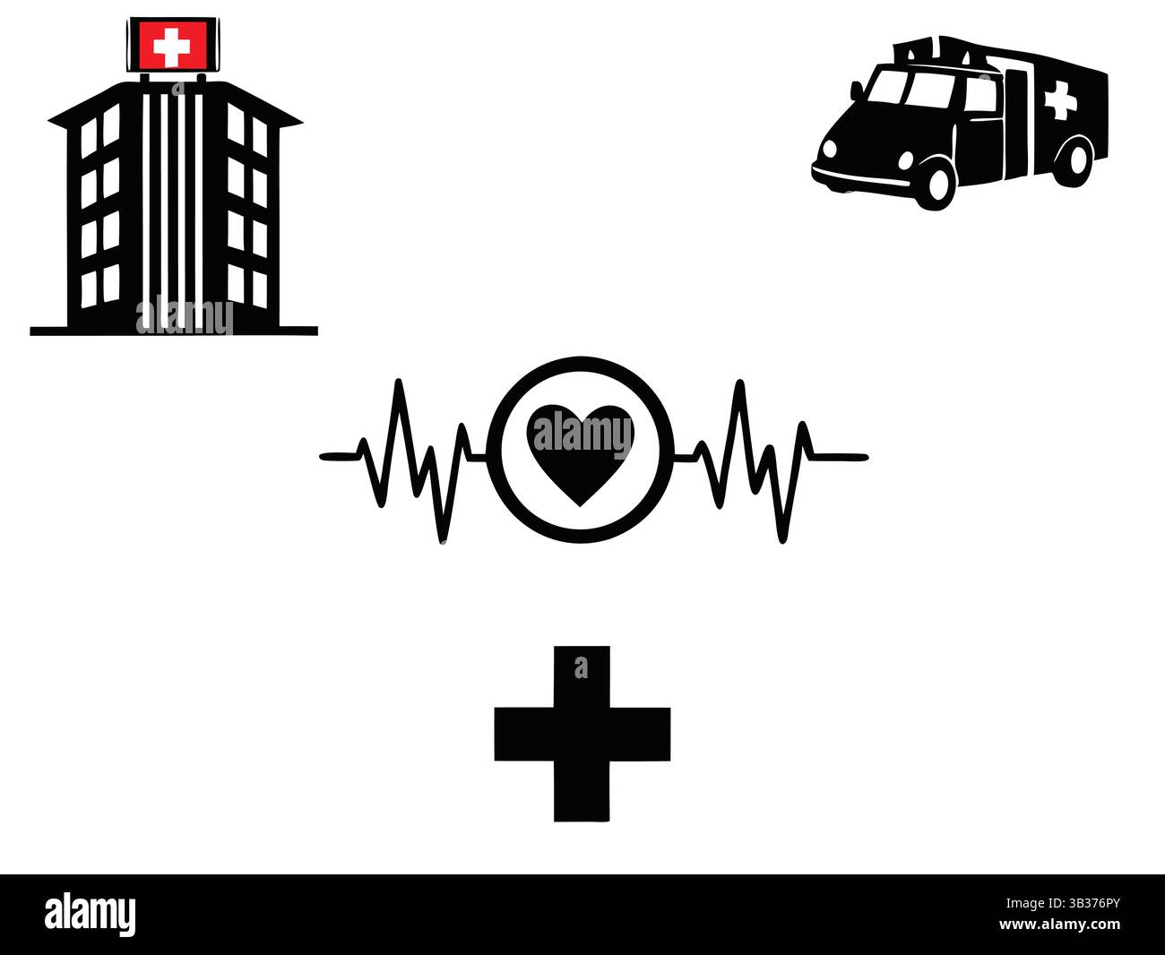 Hospital and Emergency Icons Set - Ambulance, Medical Cross, Heartbeat, Healthcare Symbols ...