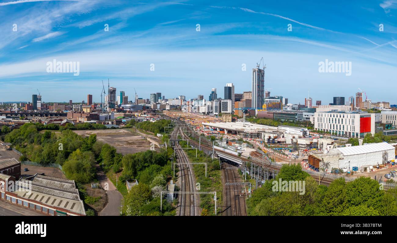 An aerial panoramic view of Birmingham cityscape skyline with the HS2 ...
