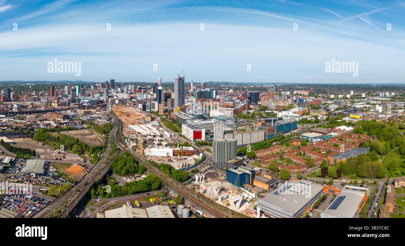 An aerial panoramic view of Birmingham cityscape skyline with the HS2 ...