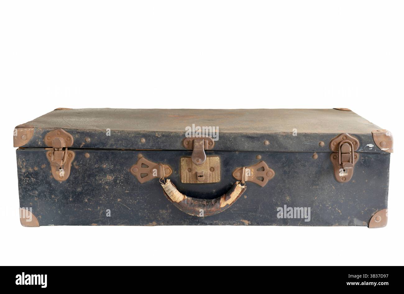 Old metal rusted suitcase lies flat so you see front with handle ...