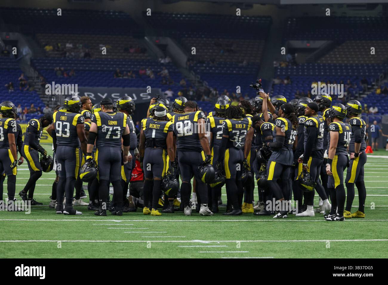 SAN ANTONIO, TX - APRIL 27: San Antonio Brahmas players huddle up after ...