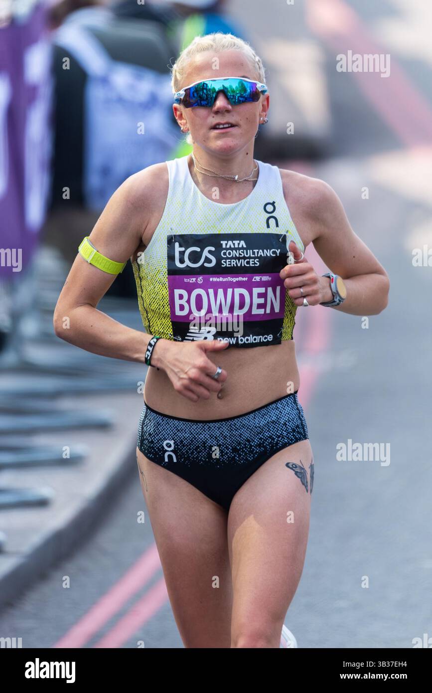 Phily Bowden, female elite athlete competing in the 2025 TCS London Marathon, passing through ...