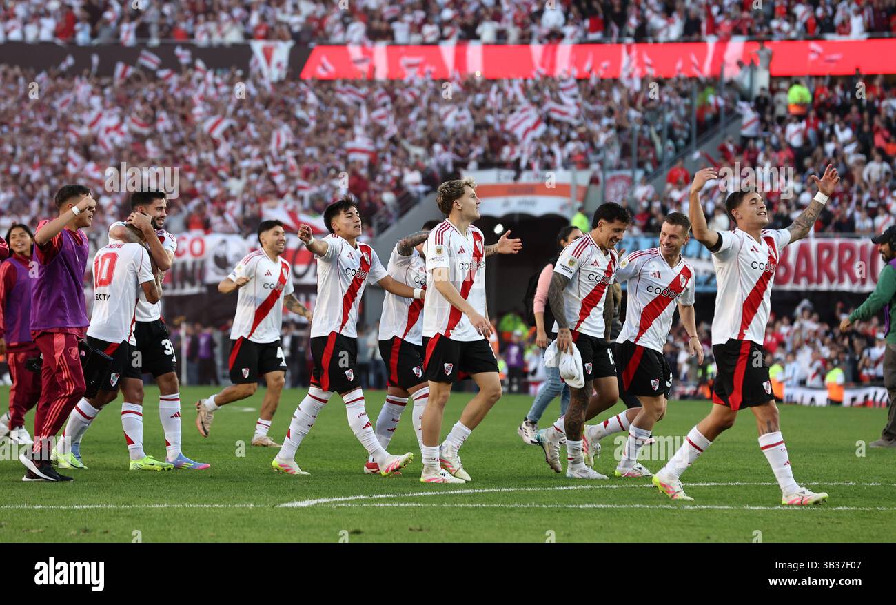 River Plate’s players celebrate after defeating 2-1 Boca Juniors during ...