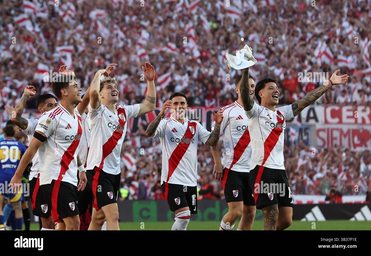 River Plate’s players celebrate after defeating 2-1 Boca Juniors during ...