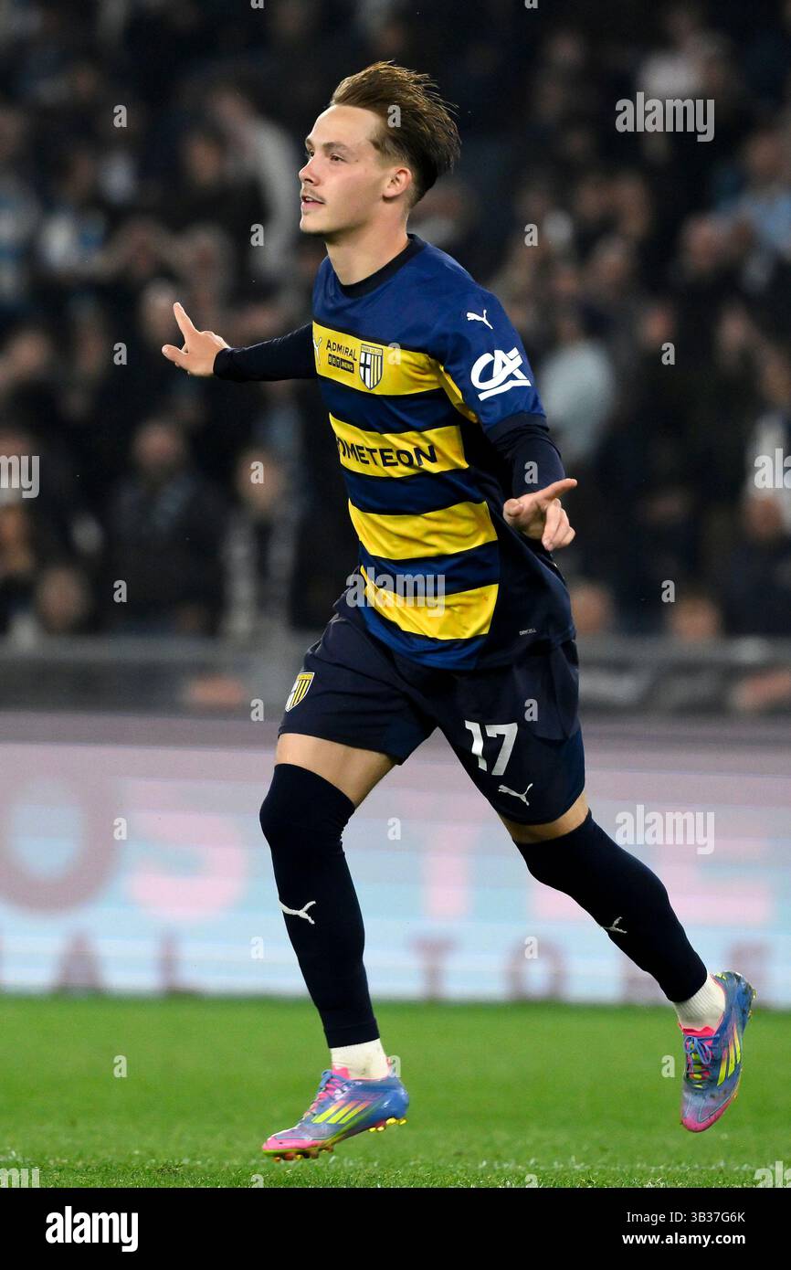 Rome, Italy. 28th Apr, 2025. Jacob Ondrejka of Parma Calcio celebrates ...