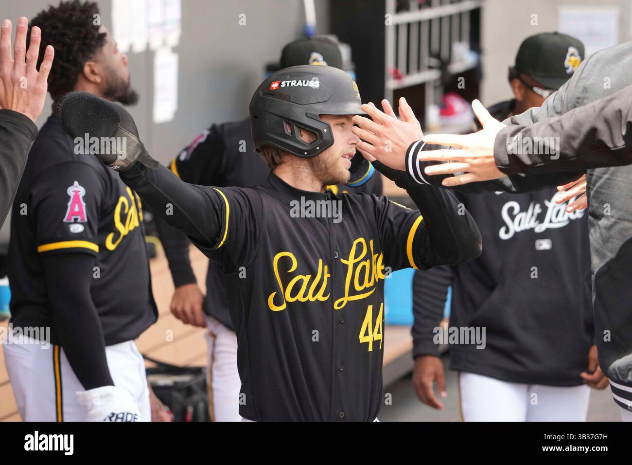 APRIL 27 2025: Salt Lake City third baseman Mitchell Daly (44) scores a ...