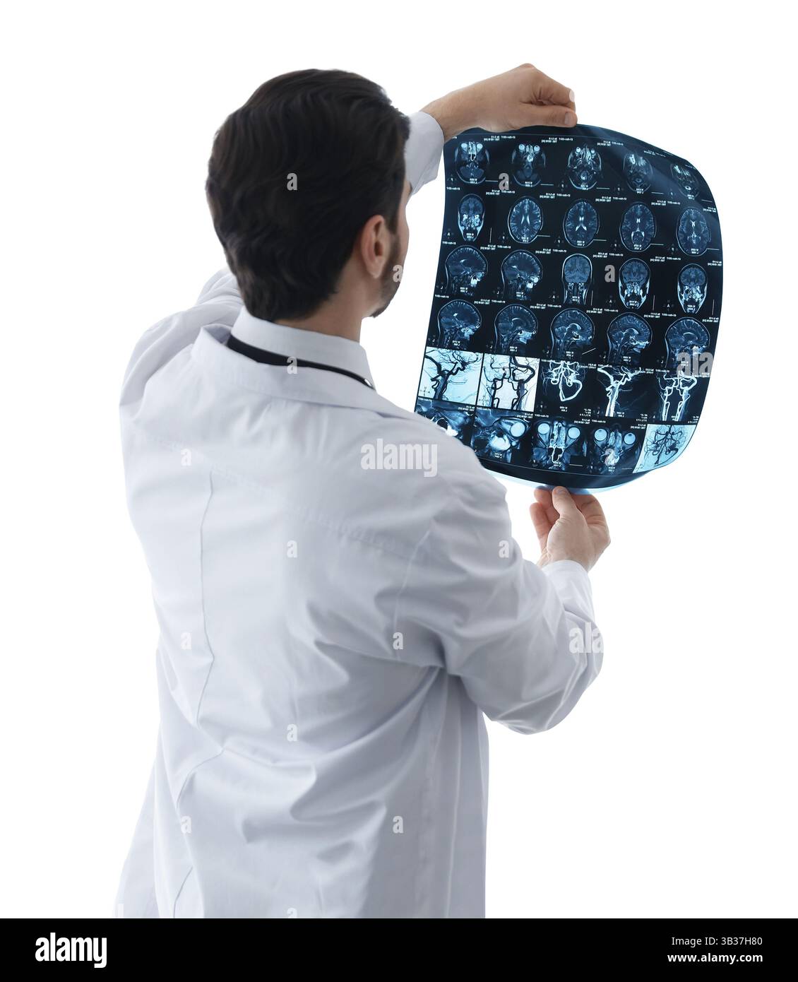 Doctor examining brain MRI scan on white background, back view Stock ...