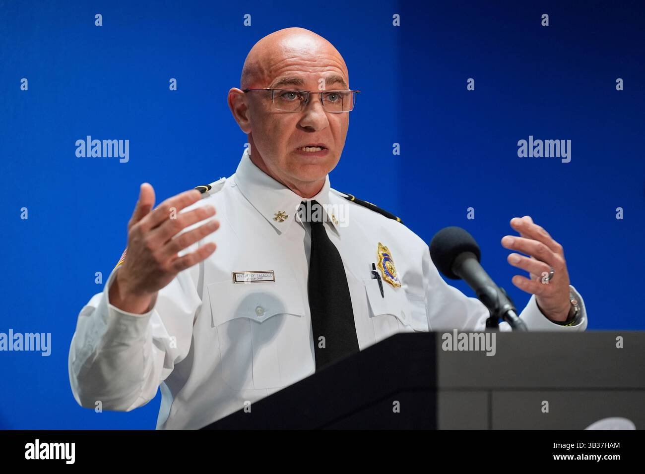 Clearwater, Fla., Fire Dept., division chief Anthony Tedesco speaks ...