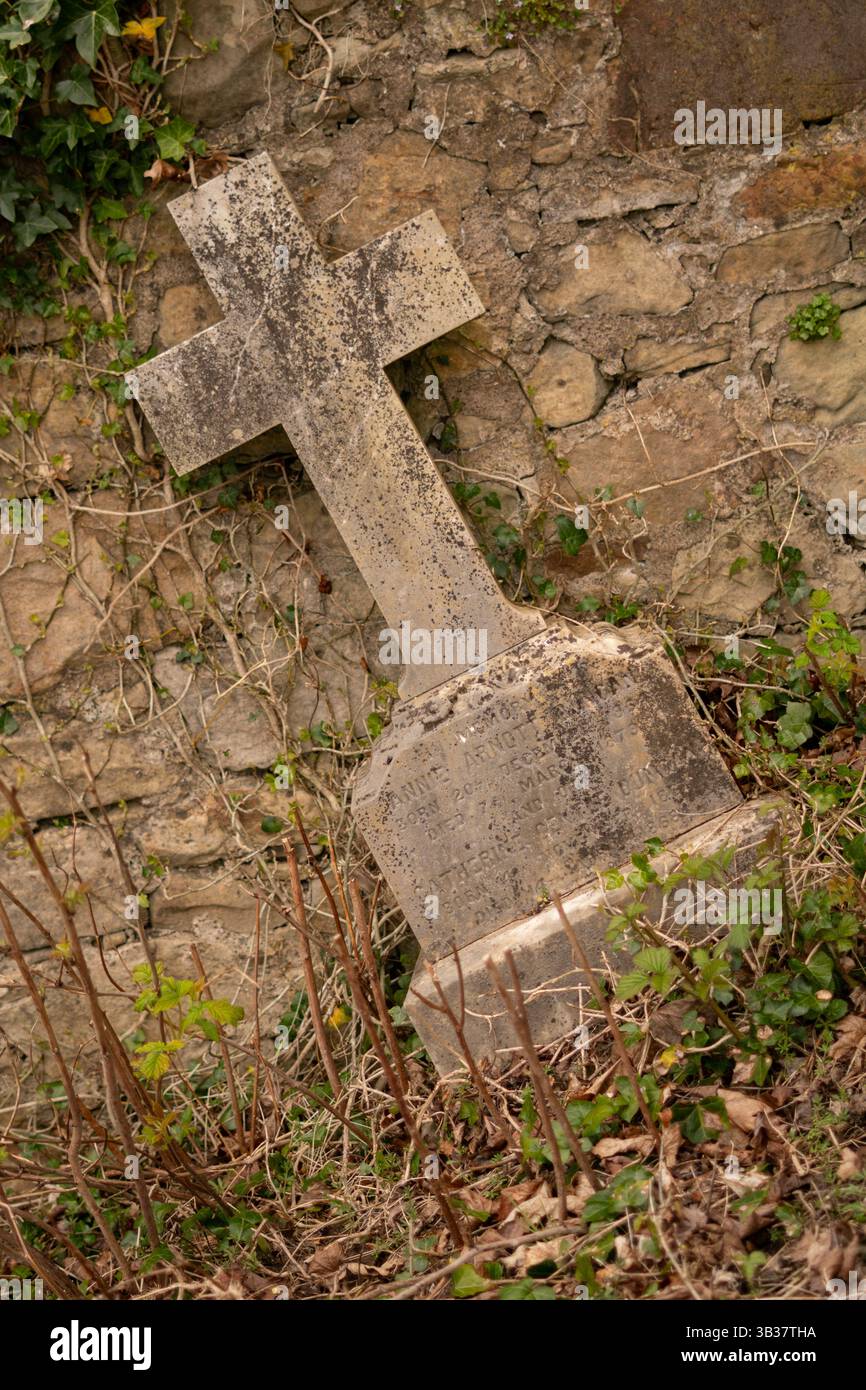 Old stone cross fallen in front of an abandoned and overgrown grave in ...