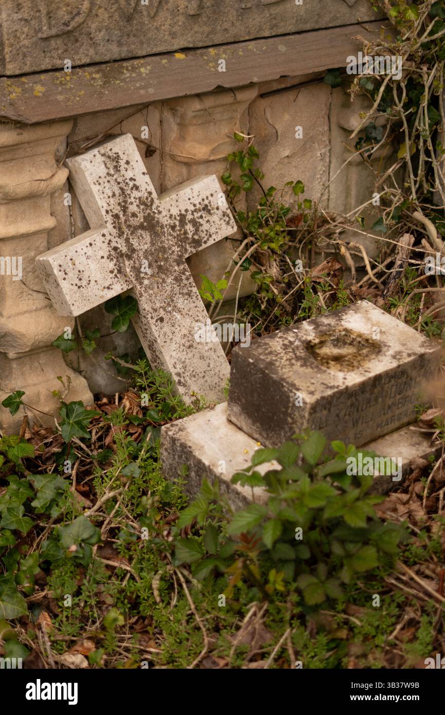 Old stone cross fallen in front of an abandoned and overgrown grave in ...