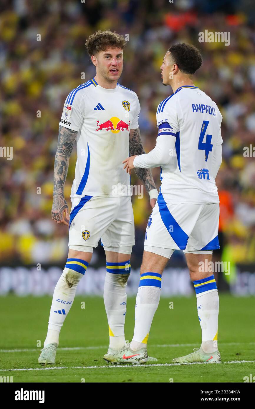 Leeds, UK. 28th Apr, 2025. Ethan Ampadu of Leeds United & Joe Rodon of ...