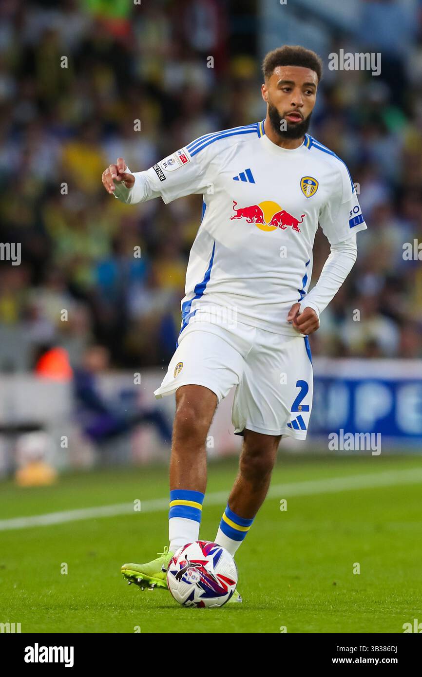 Leeds, UK. 28th Apr, 2025. Jayden Bogle of Leeds United brings the ball ...