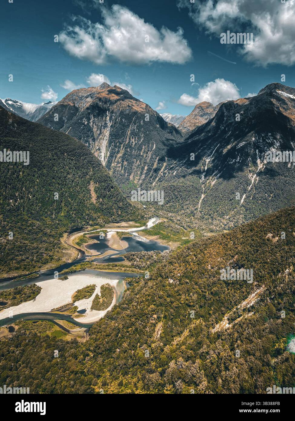 Aerial views of the valley around Mitre Peak, Milford Sound fjords ...