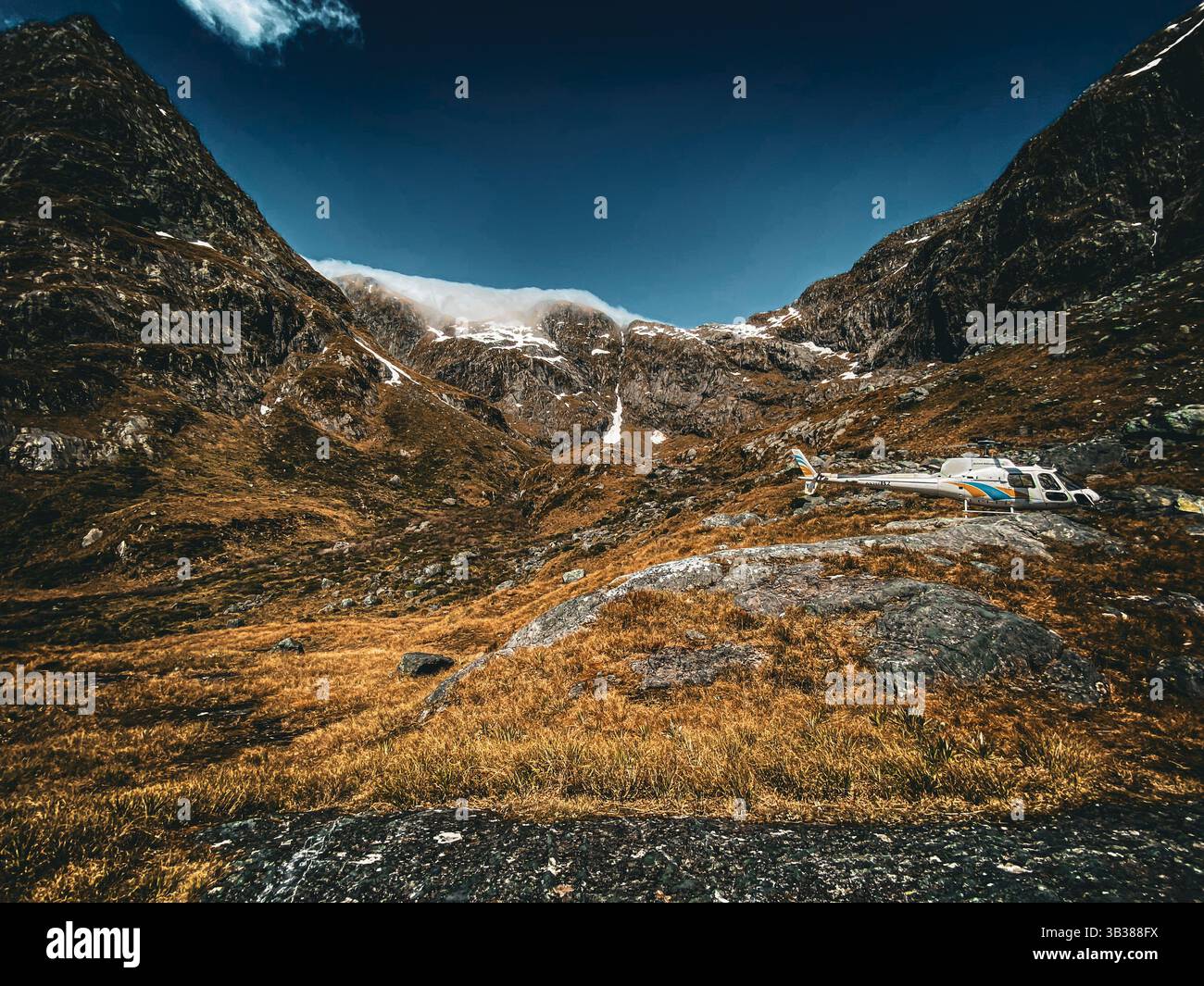 Aerial views through Milford Sound fjords, over lake Quill and ...