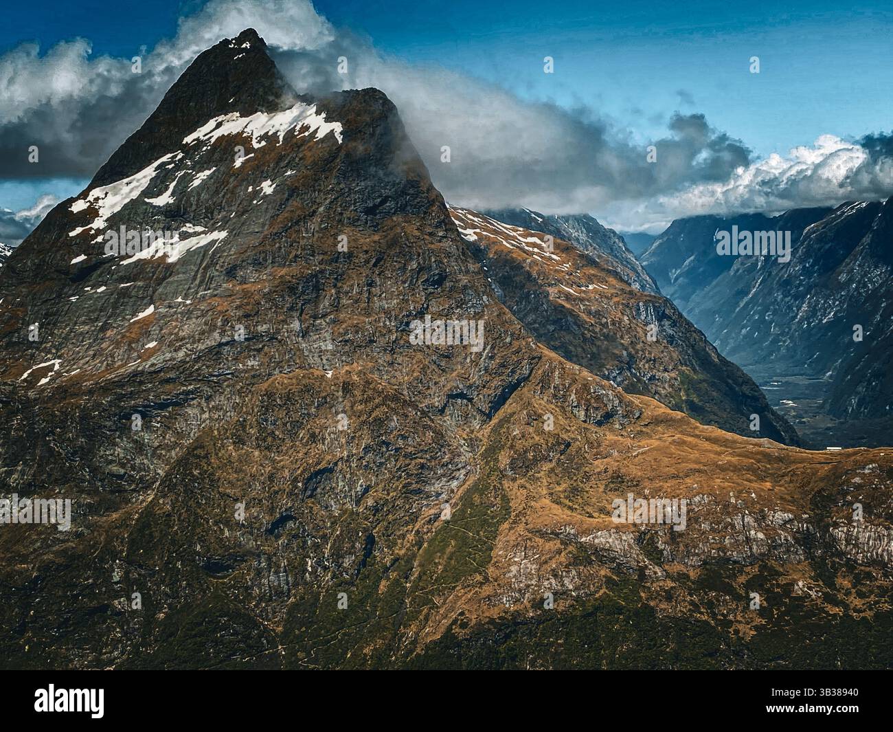 Aerial views through Milford Sound fjords, over lake Quill and ...
