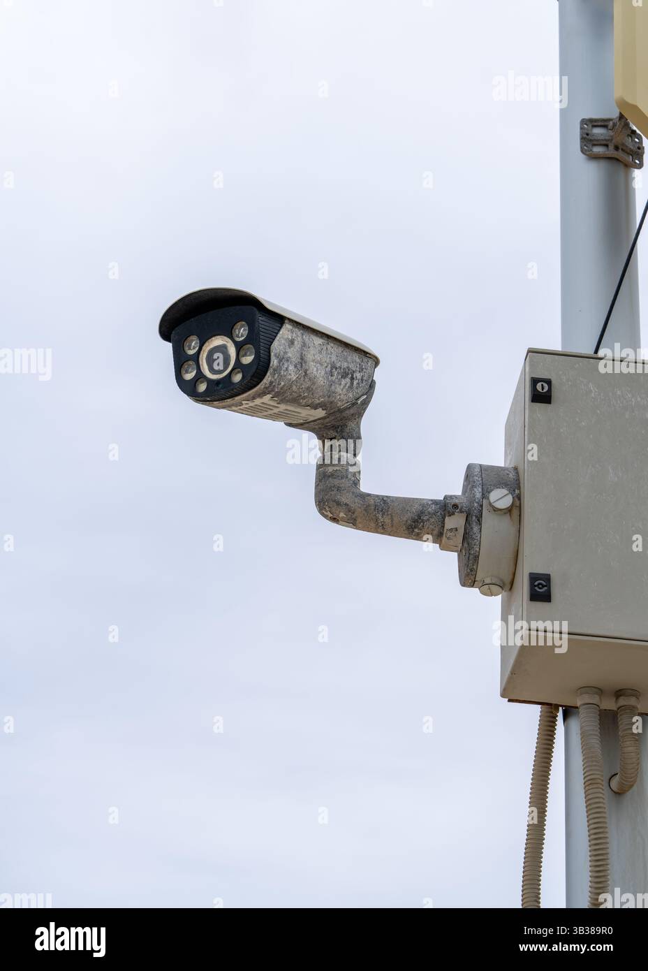 Surveillance cameras mounted on a pole along an urban waterfront ...