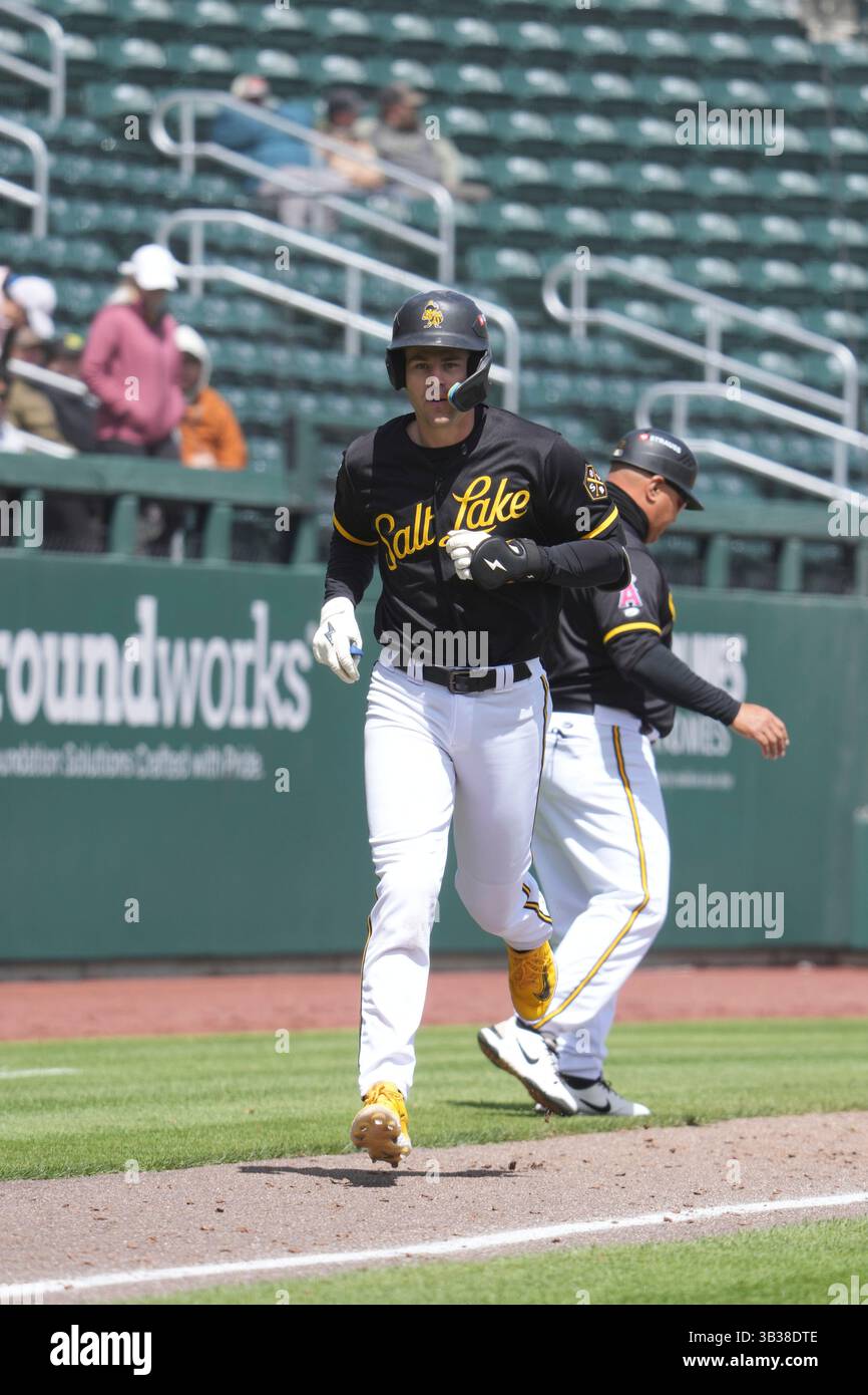 APRIL 27 2025: Salt Lake City second tbaseman Chad Stevens (35) hits a ...