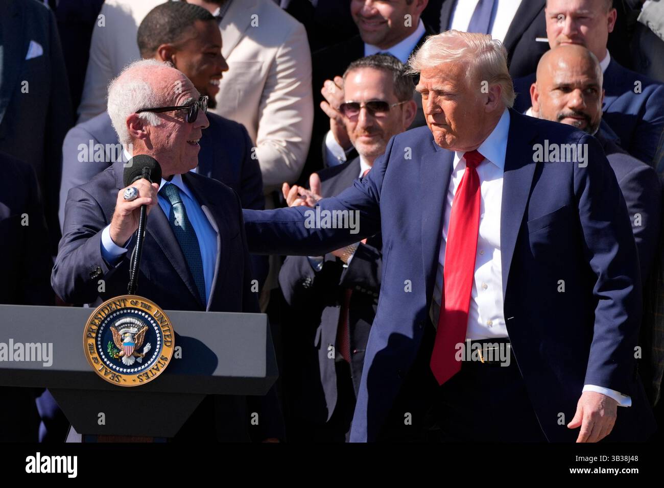 The Philadelphia Eagles' owner Jeffrey Lurie, left, speaks as President ...