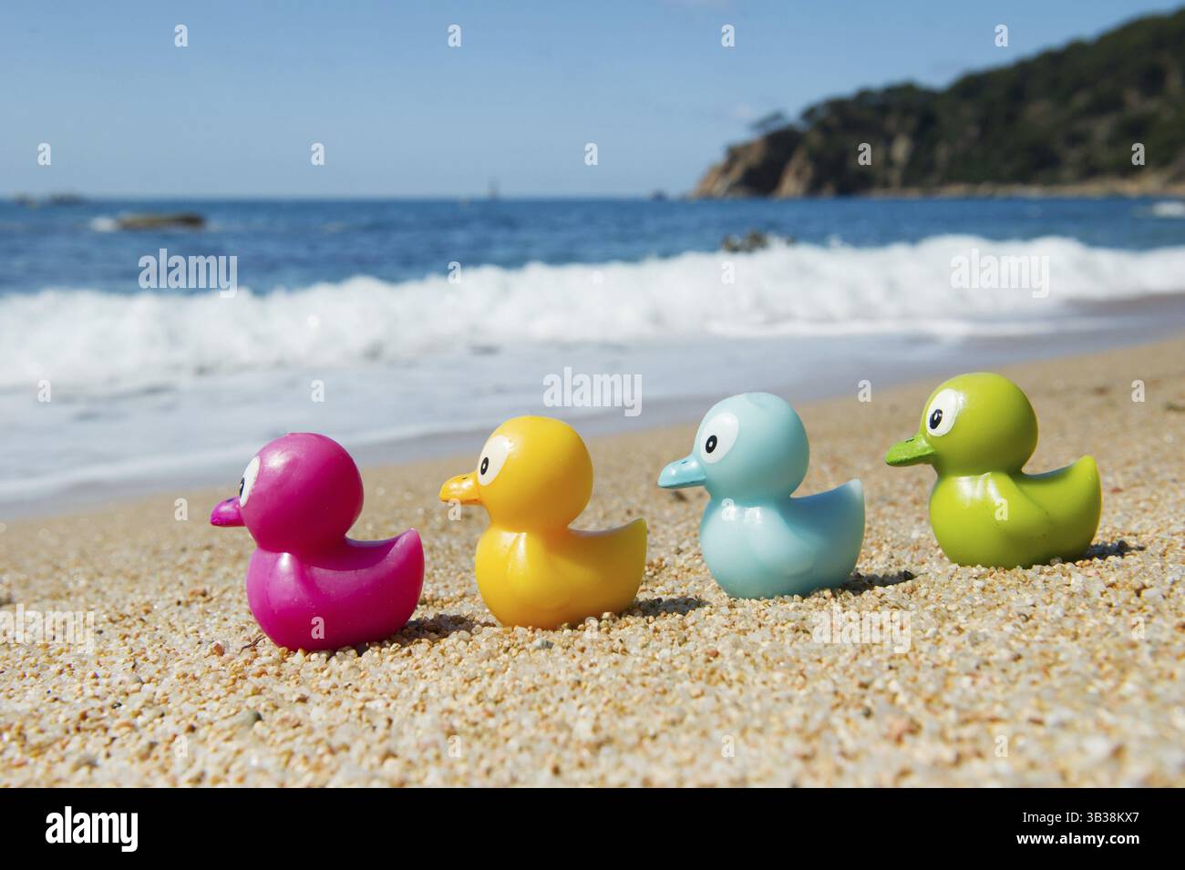 Colorful toy ducks in the sand at the beach Stock Photo - Alamy