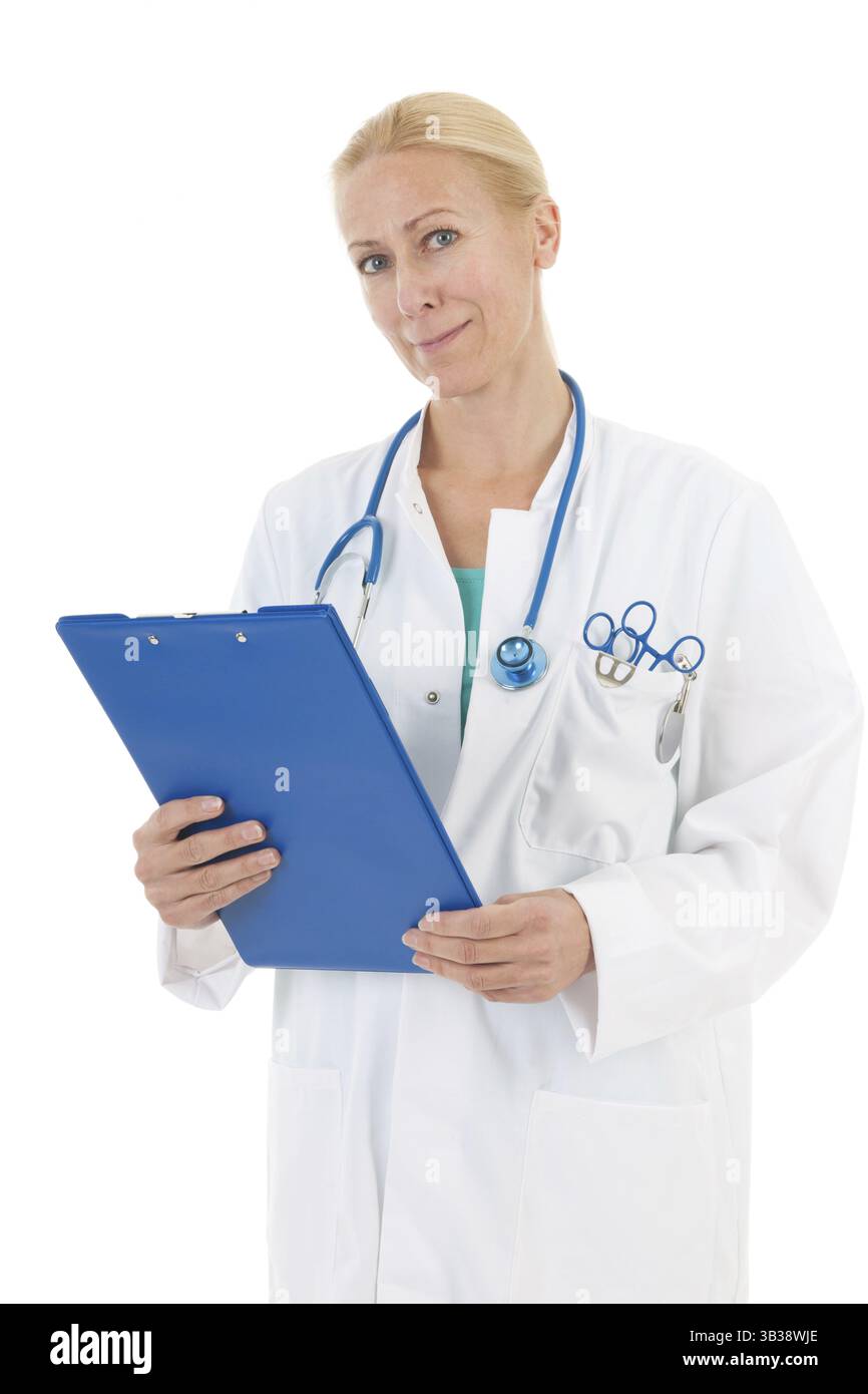 Physician with blue clipboard isolated over white background Stock ...