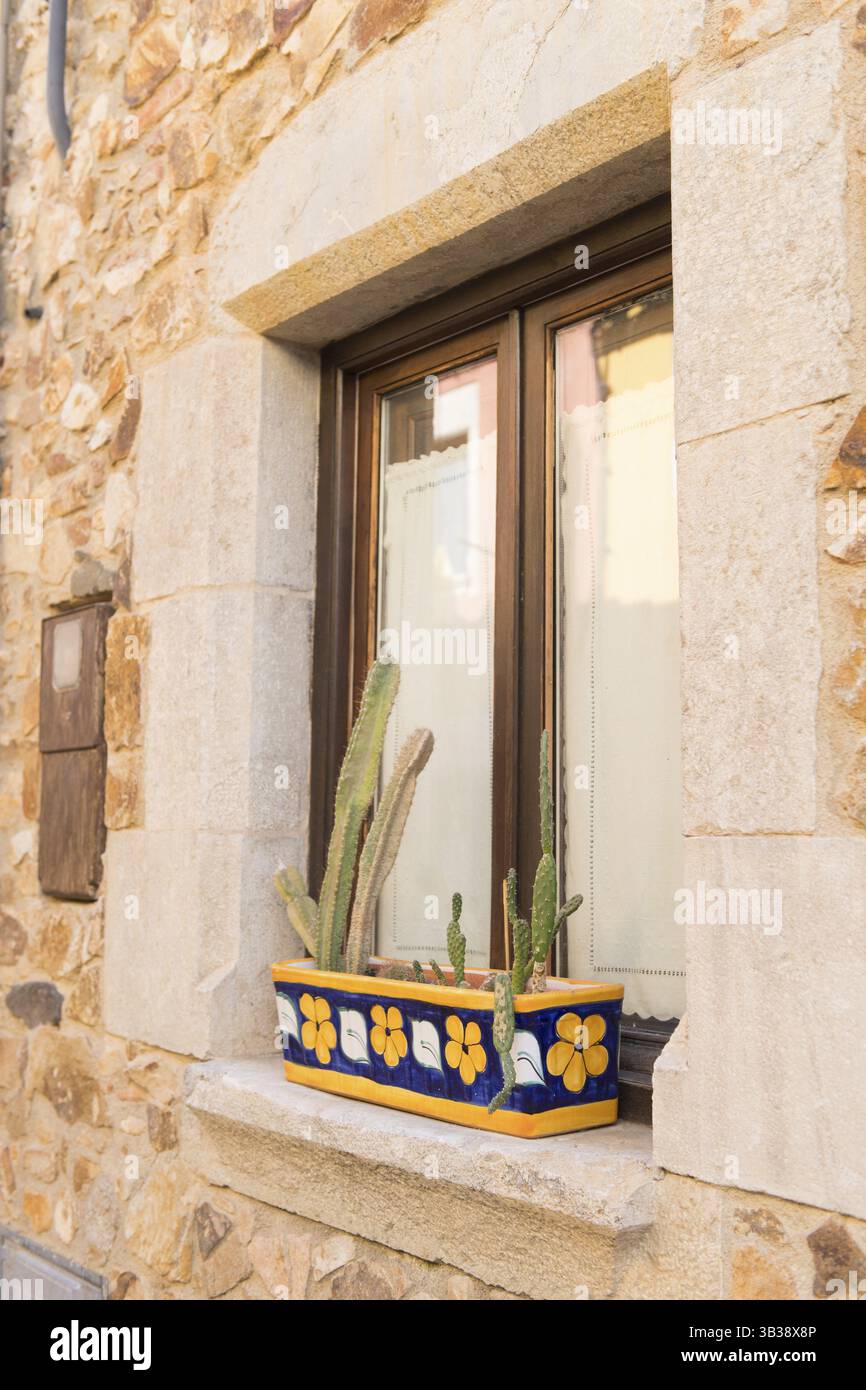 Spanish window with cacti in pot Stock Photo - Alamy