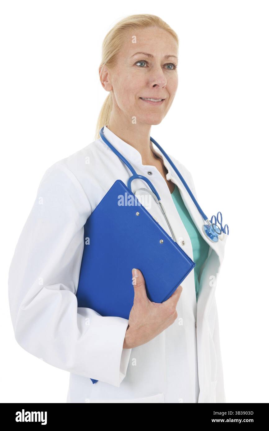 Physician with blue clipboard isolated over white background Stock ...