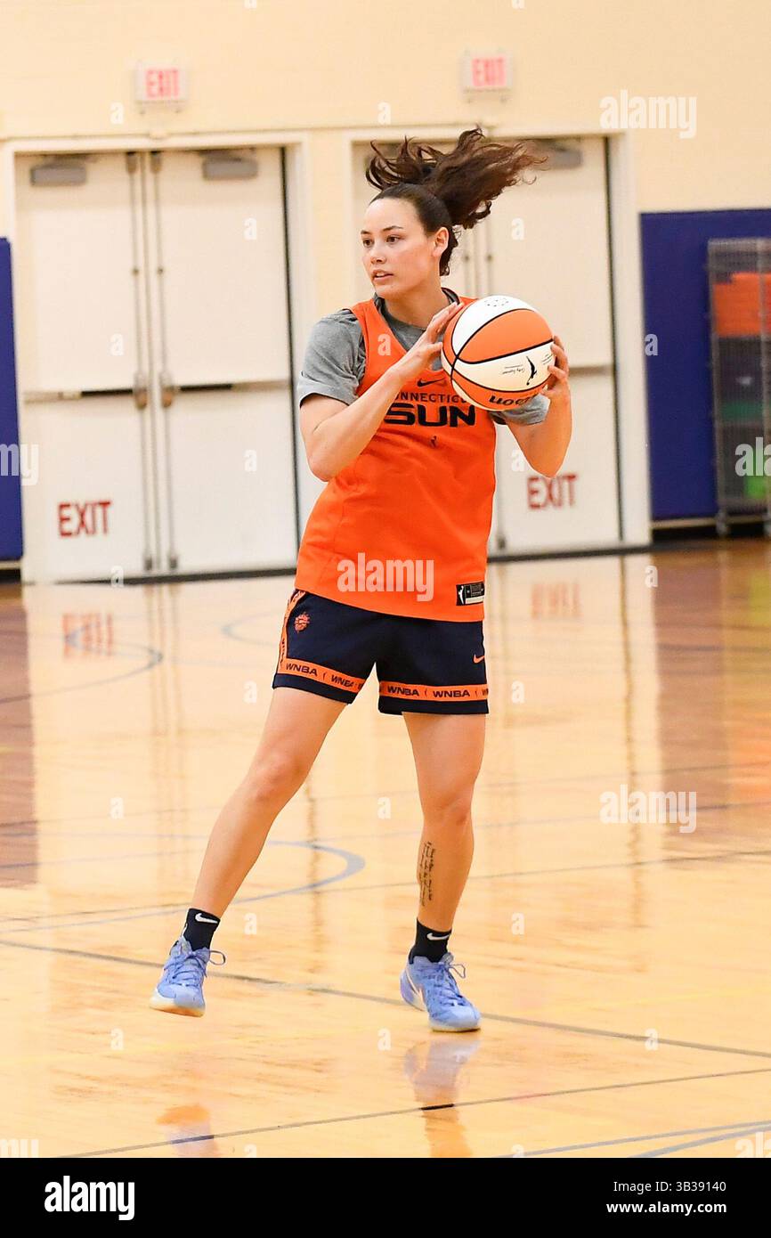 UNCASVILLE, CT - APRIL 27: Connecticut Sun guard Abbey Hsu (35) handles ...