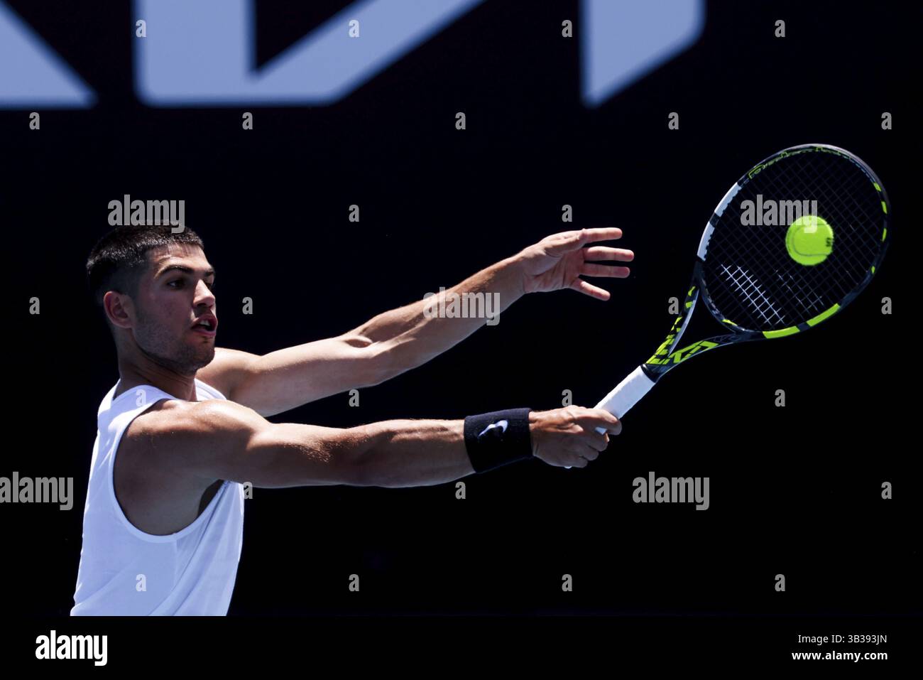 MELBOURNE, AUSTRALIA - JANUARY 10: Carlos Alcarez of Spain during ...